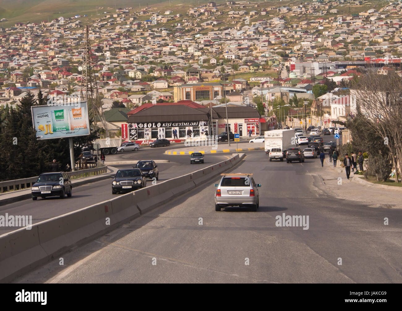 Leaving Baku the capital of Azerbaijan, view of road, traffic ...