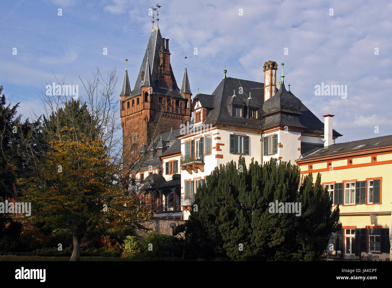 schlosspark weinheim and neo-gothic town hall tower Stock Photo - Alamy