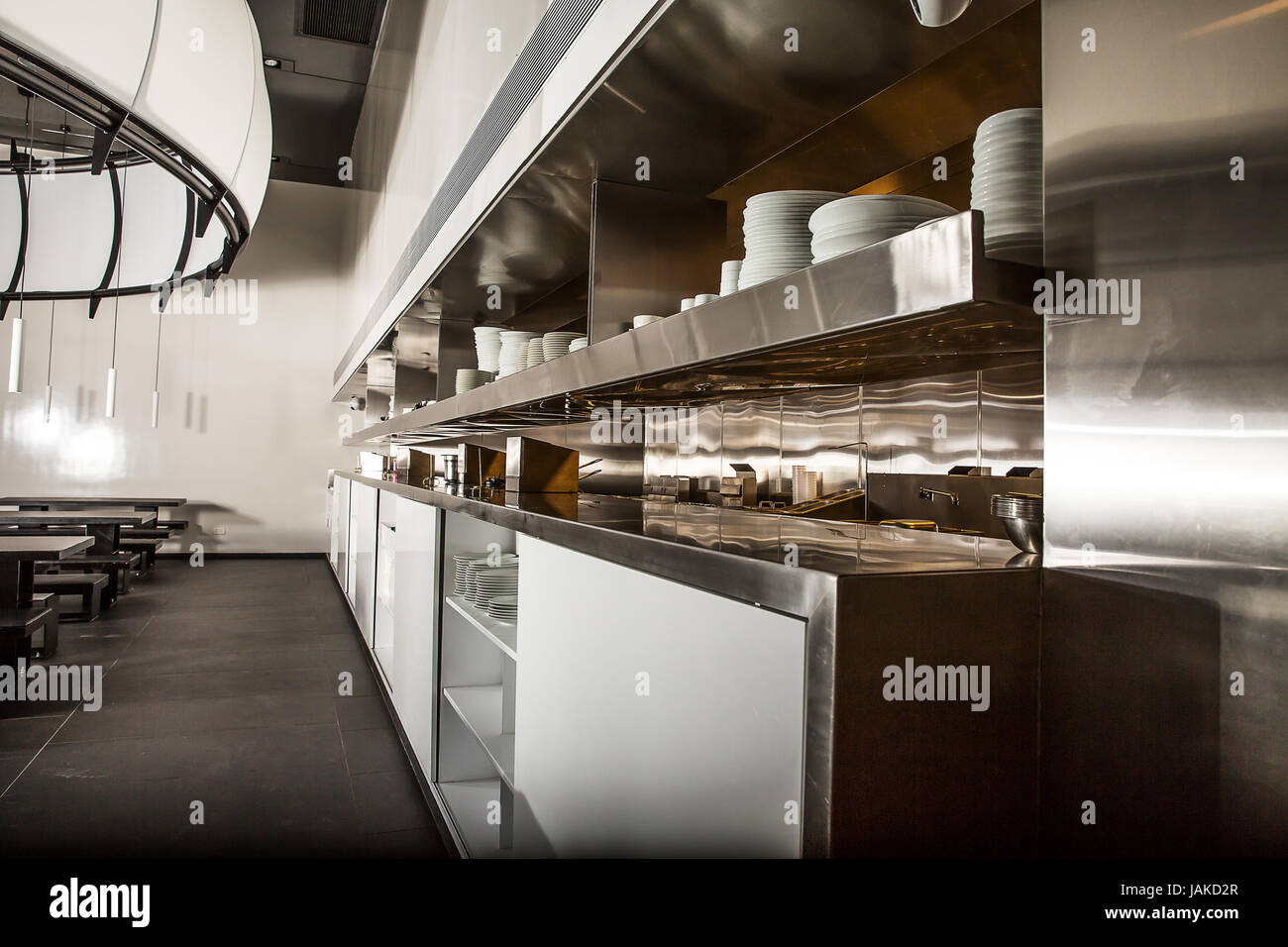 Professional kitchen, view counter in stainless steel Stock Photo - Alamy