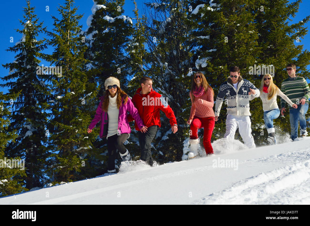 happy friends have fun at winter on fresh snow, healthy young people ...