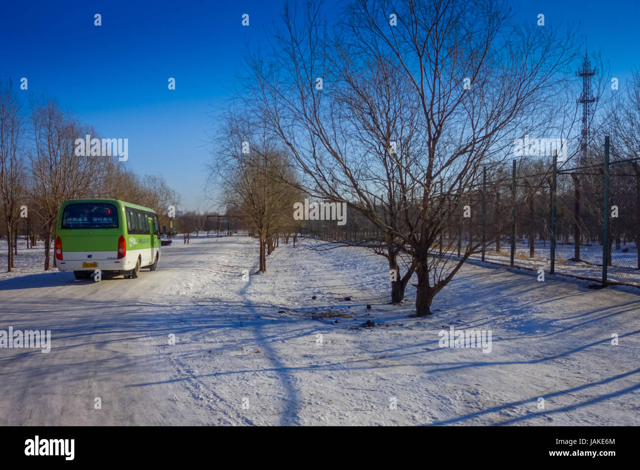 Harbin, China - February 9, 2017: Tour bus in the Siberian Tiger Park ...
