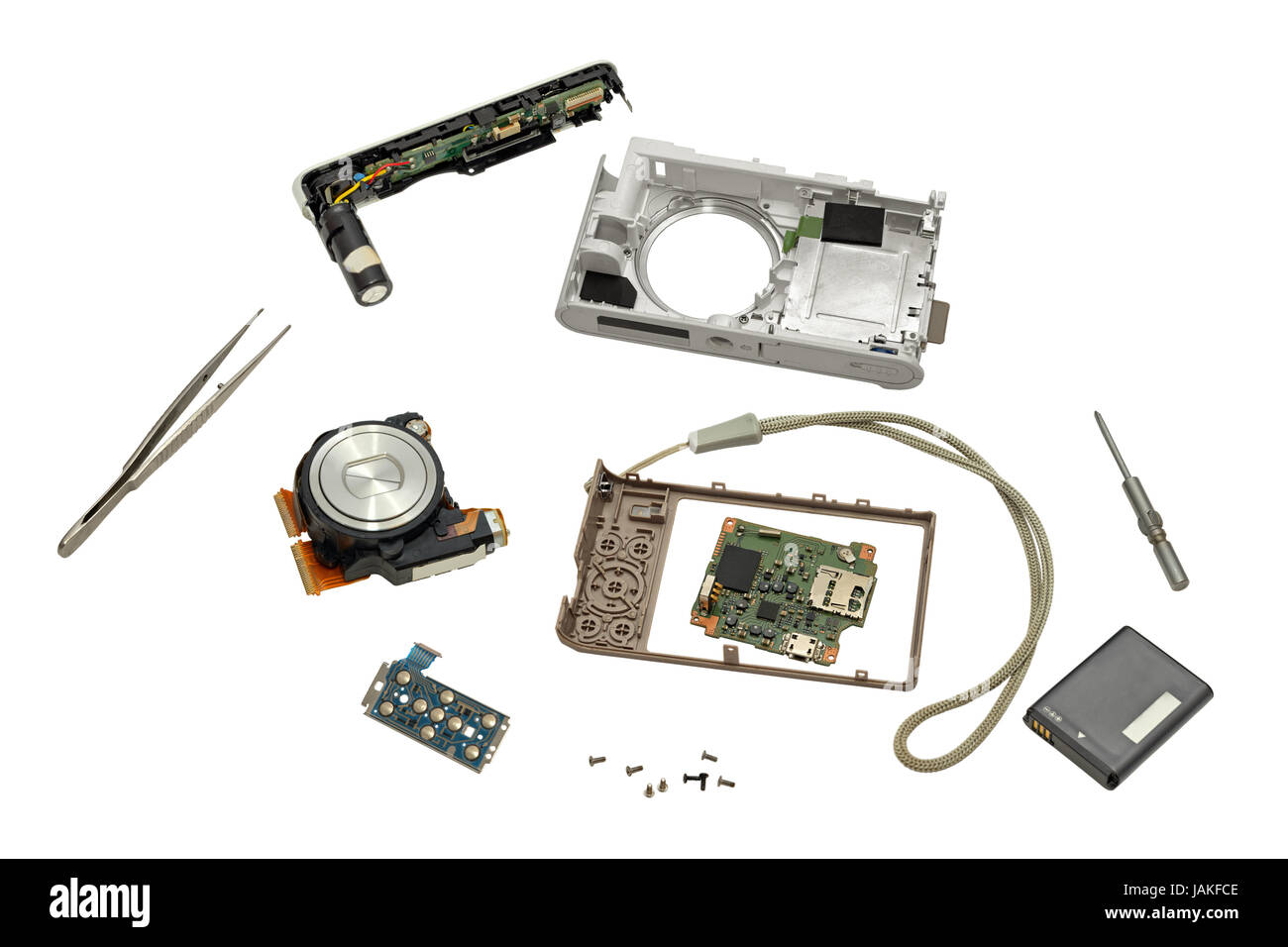 Parts disassembled compact camera isolated on a white background Stock ...