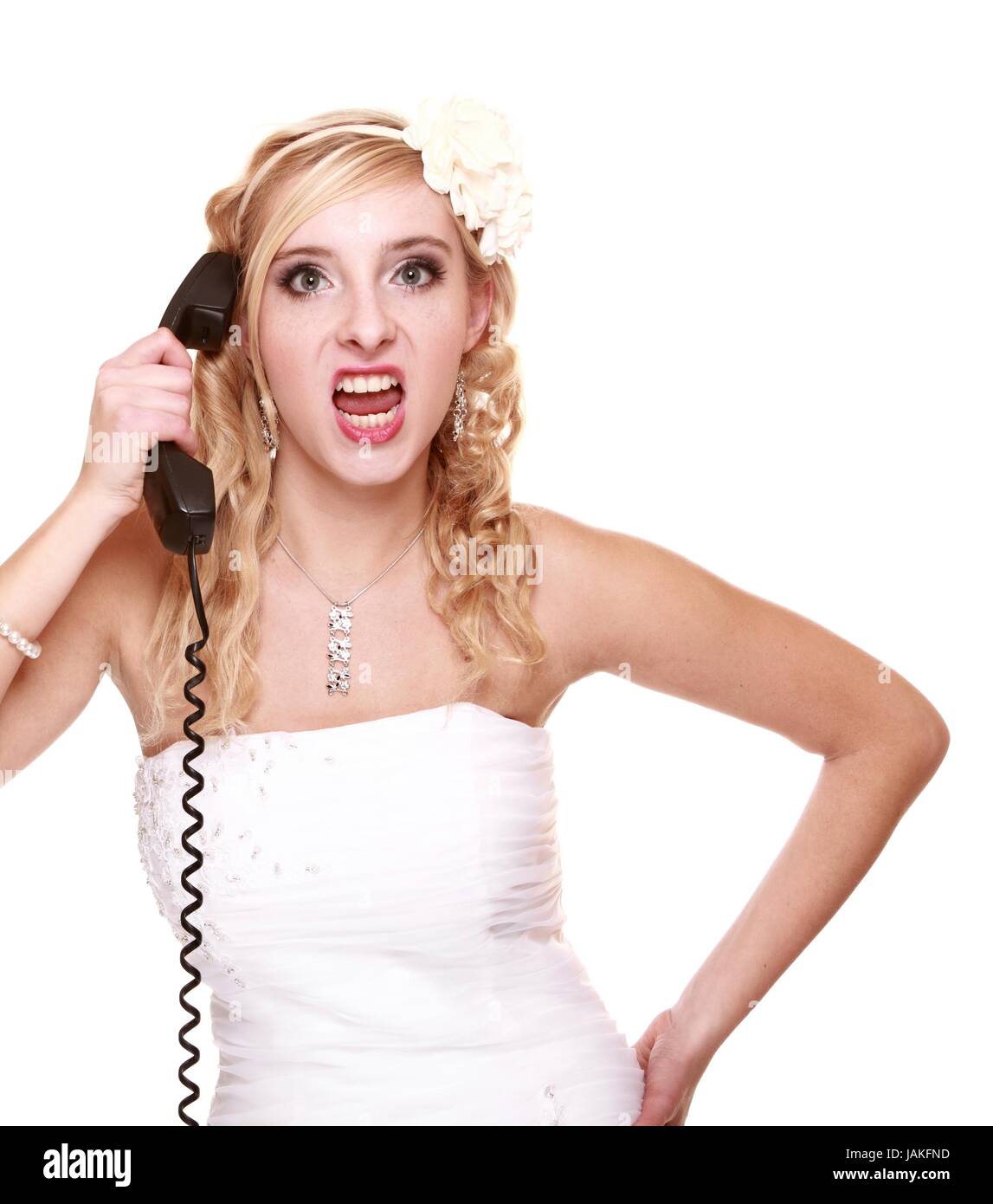 Wedding relationship difficulties. Angry woman fury bride talking phone ...