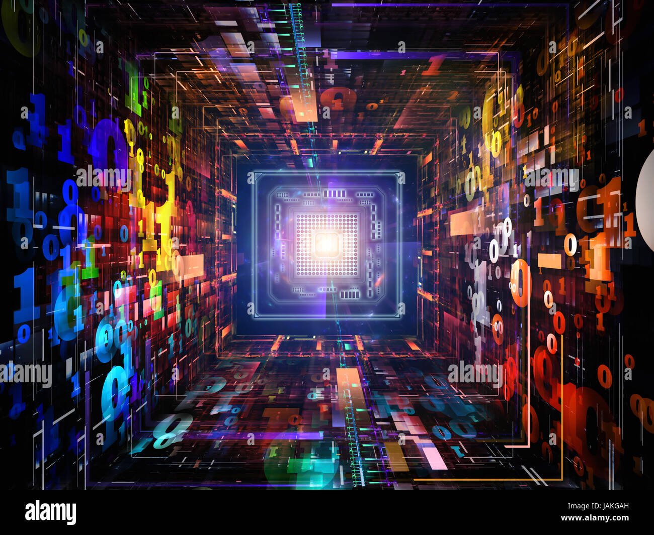 Number Tunnel series. Interplay of CPU chip, colorful numbers and ...