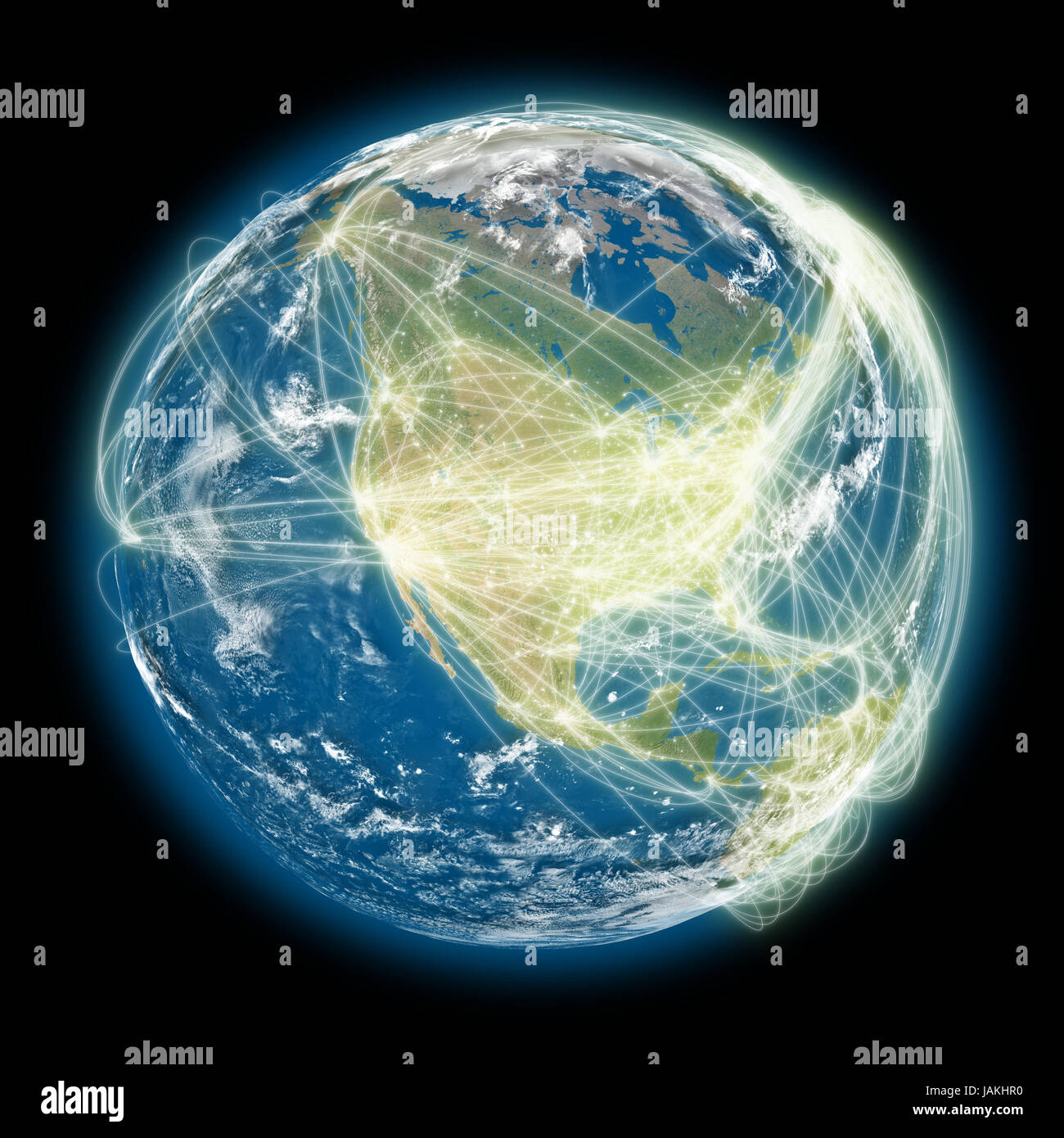 North America on planet Earth with connections between cities and ...