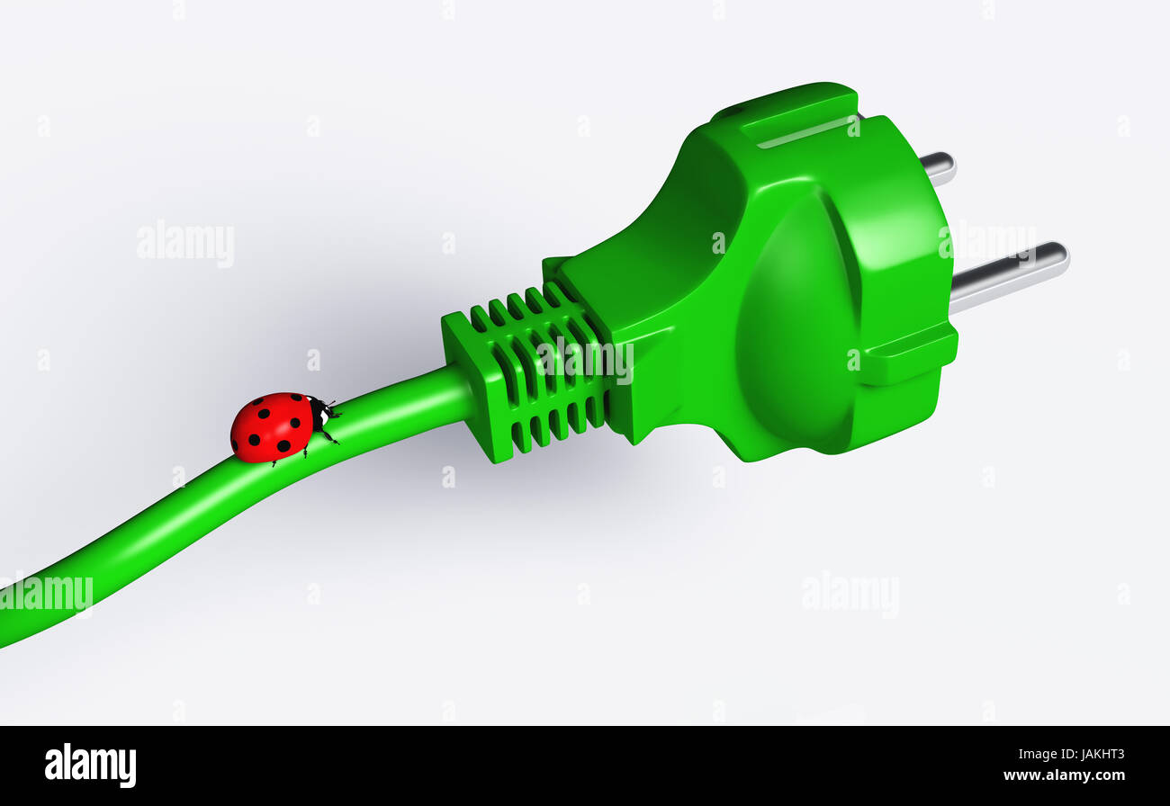 a small ladybug is riding a green plug on its cable behind it, on a ...