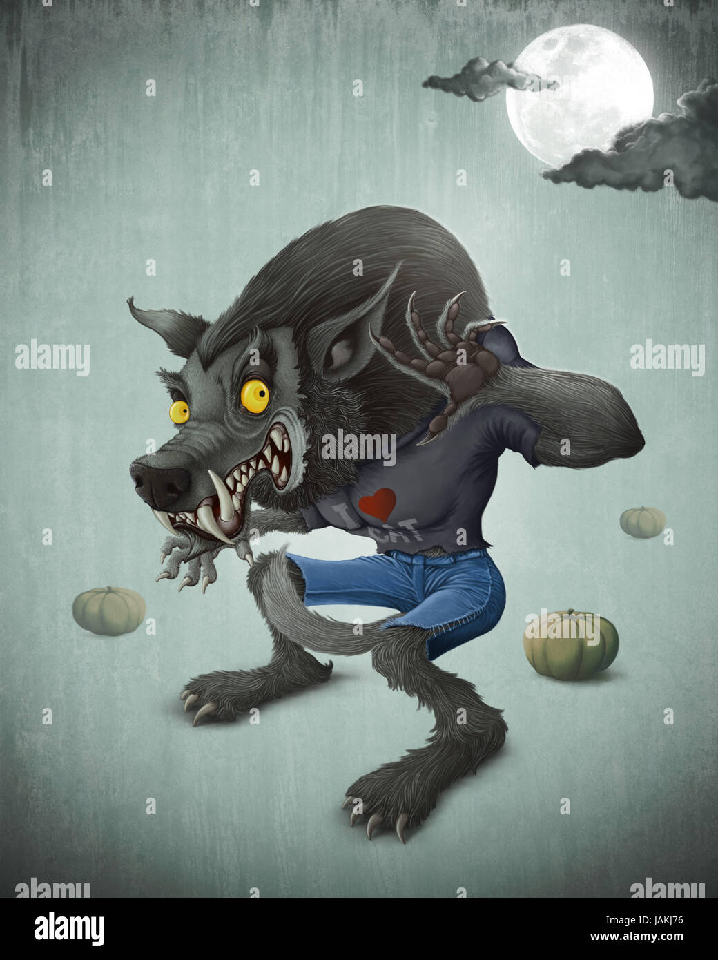 Wolfman and pumpkins under the moon for halloween creepy night Stock ...