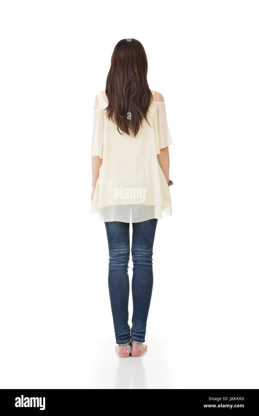 Model of Asian woman, rear view full length portrait isolated on white ...