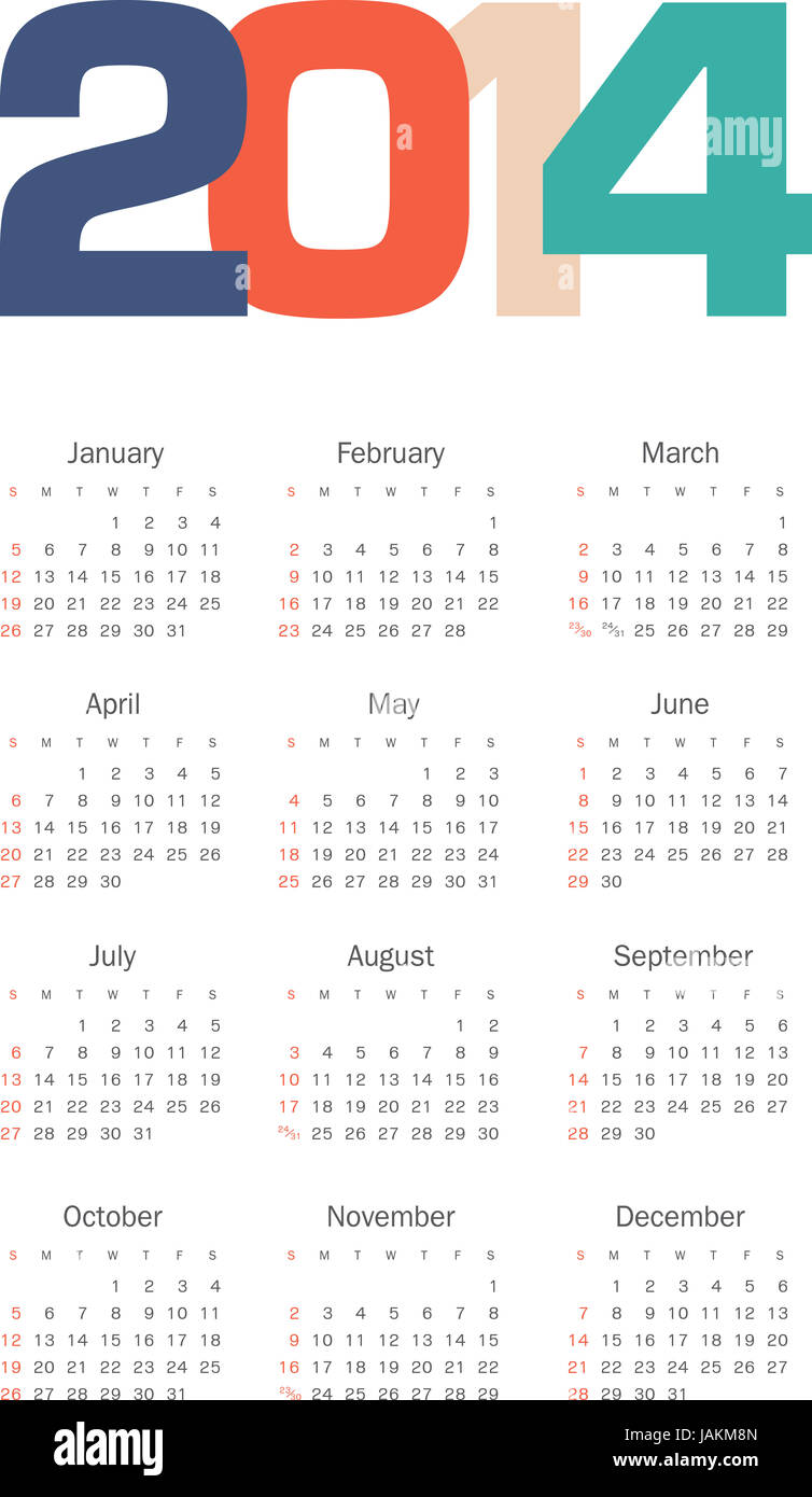 Vector calendar for 2014 eps without transparency Stock Photo - Alamy