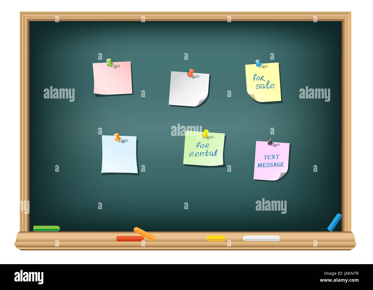 The different papers and push pins on the school blackboard Stock Photo ...
