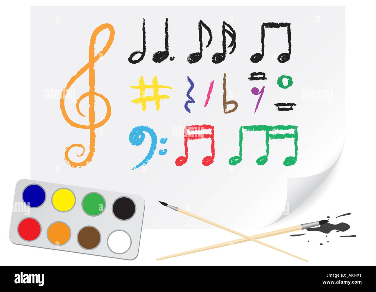 Children drawing the musical notes a brush paints on a paper Stock ...