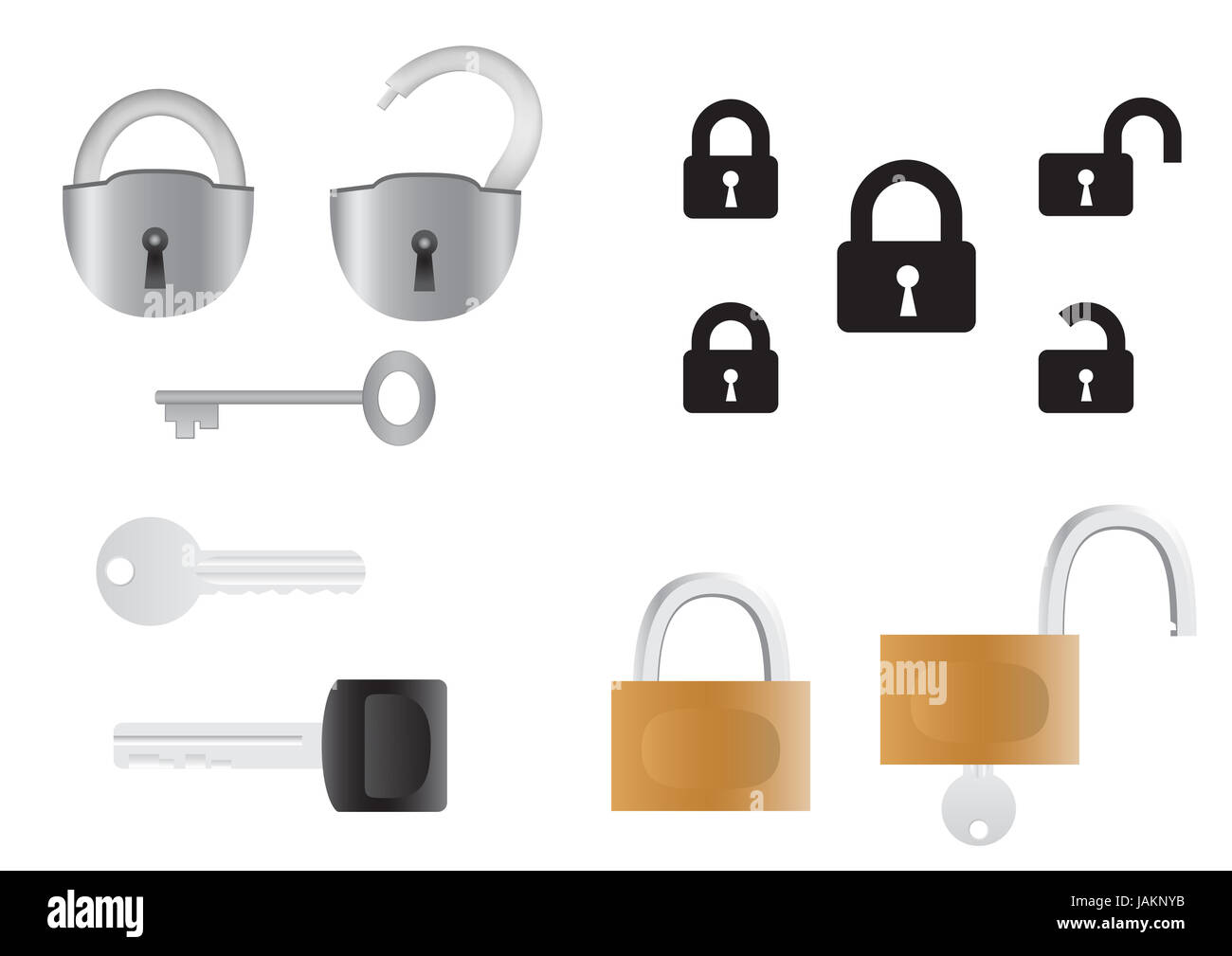 Locks and keys, opened and closed isolated on the white background ...