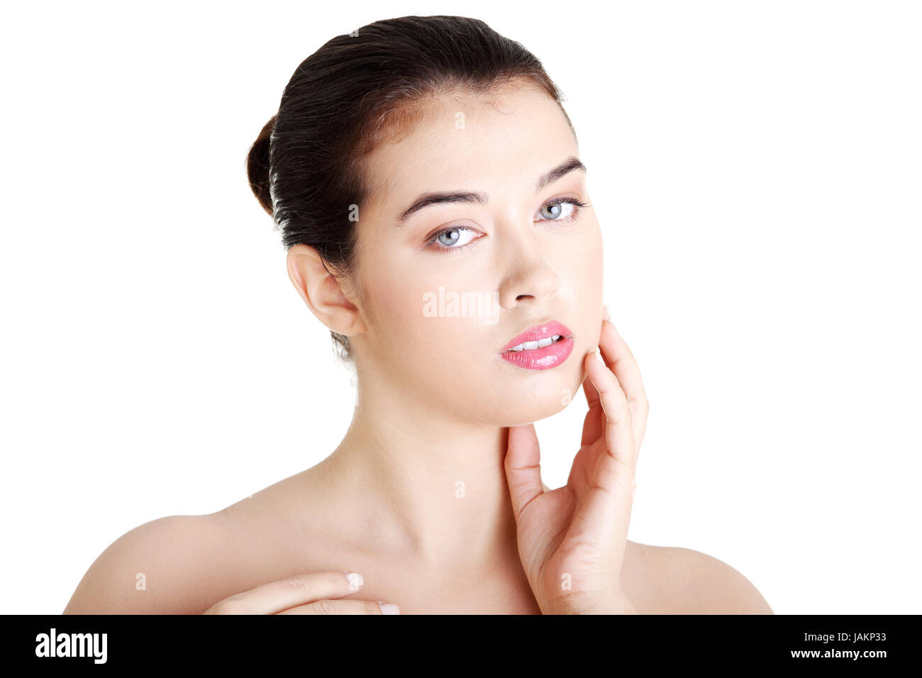 Portrait of a beautiful female model on white background Stock Photo ...