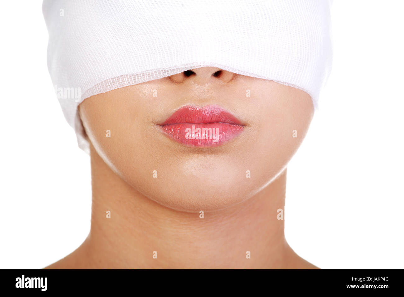 portrait of beautiful young female face with bandage - beauty treatment ...