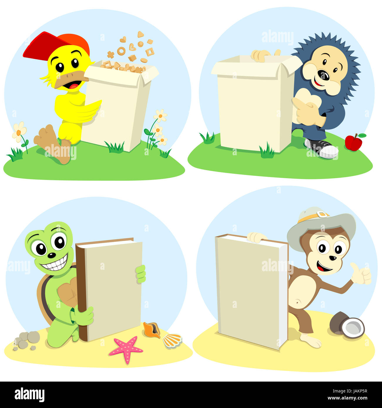 The cartoon animals represent book and paper box for cornflake Stock ...