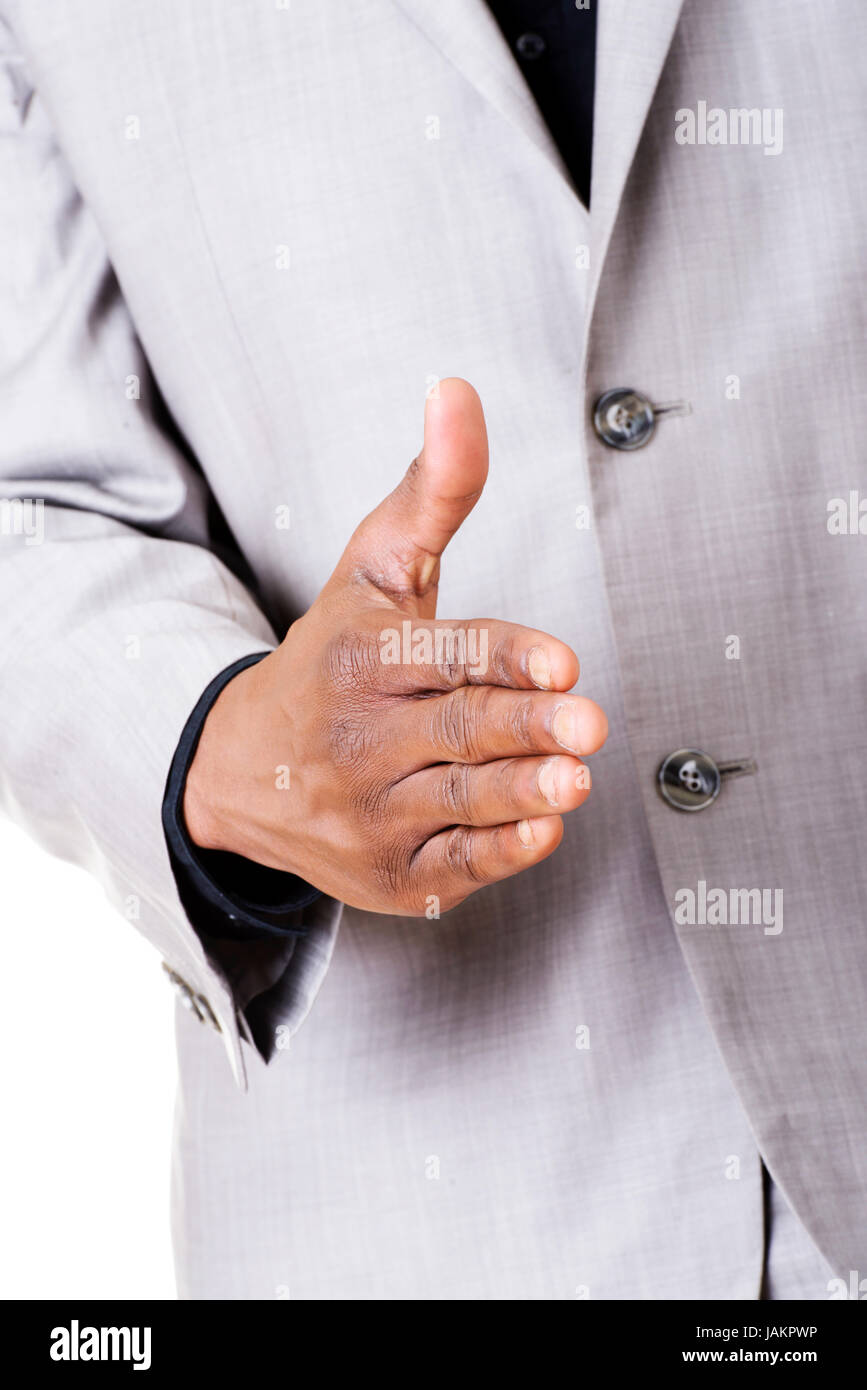 Male businessman giving a hand. Closeup. Isolated on white Stock Photo ...