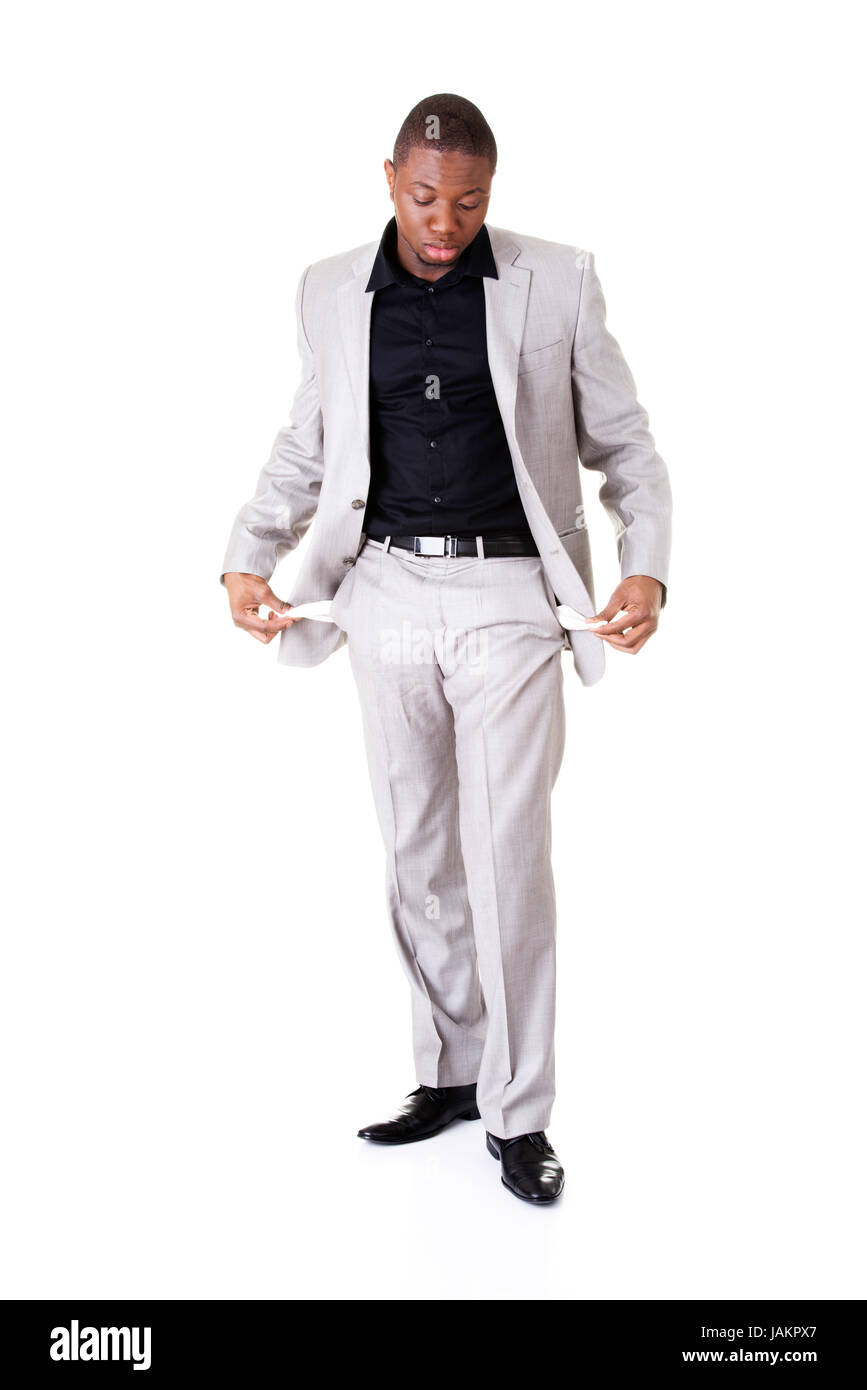 Male businessman showing open pockets. Isolated on white Stock Photo ...