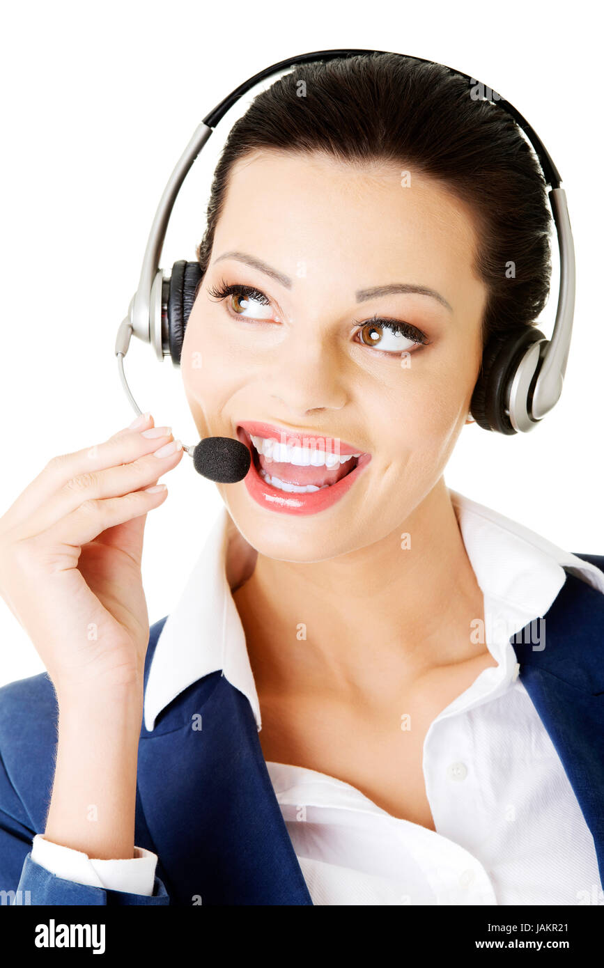 Attractive businesswoman on call centre. Isolated on white Stock Photo ...