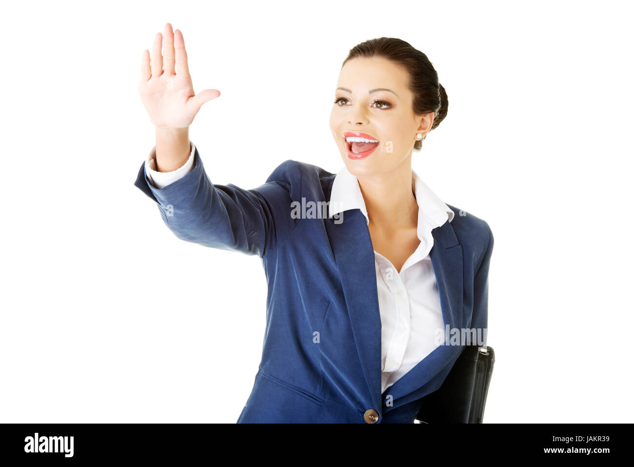 Attractive business woman with hand up looking. Isolated on white Stock ...