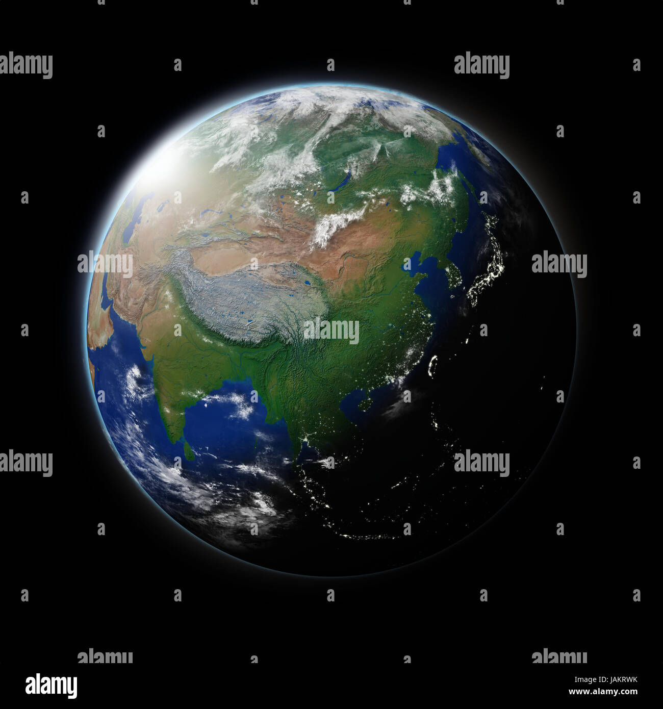 Asia on blue planet Earth isolated on black background. Highly detailed ...