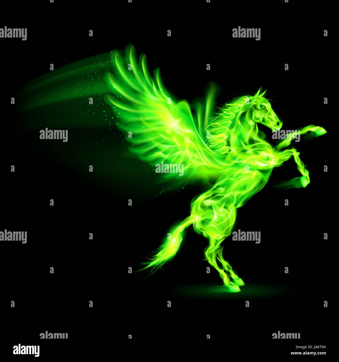 Green fire Pegasus rearing up. Illustration on black background Stock ...