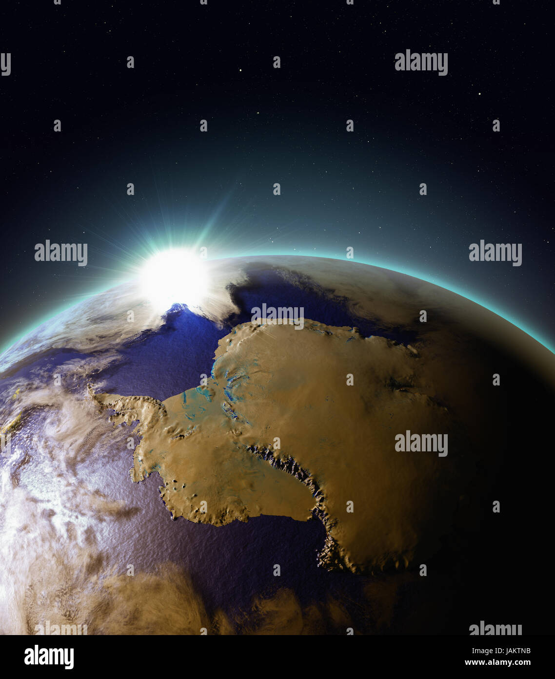 Sun rising above Antarctica. 3D illustration with detailed planet ...