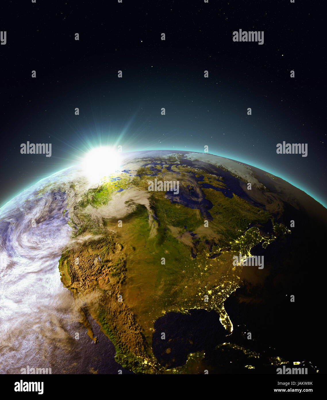 Sun rising above North America. 3D illustration with detailed planet ...