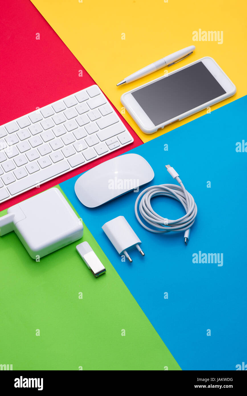 Well organised white office objects on colorful background Stock Photo ...