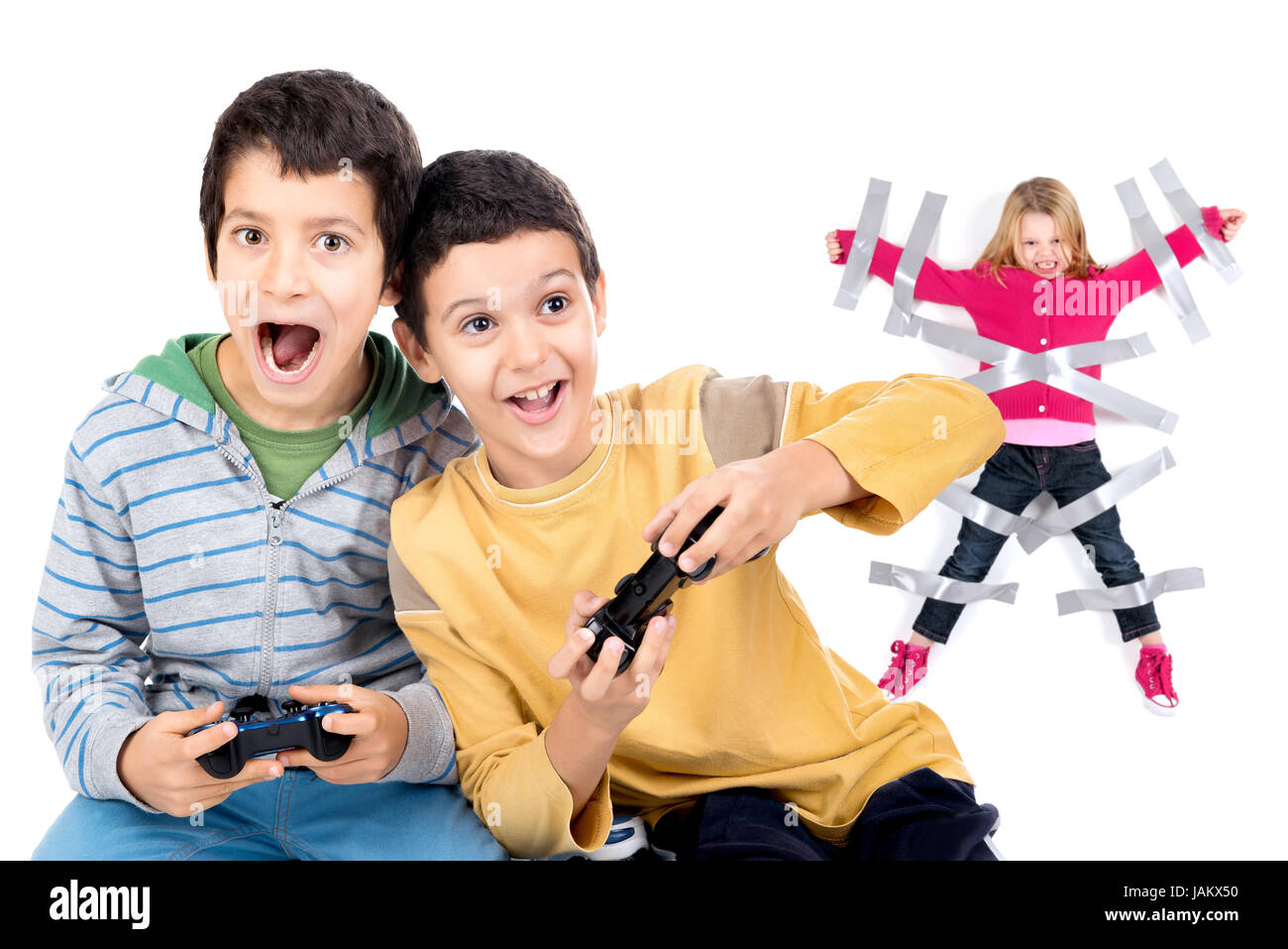 Boys playing video games and young sister glued to the wall with duct ...