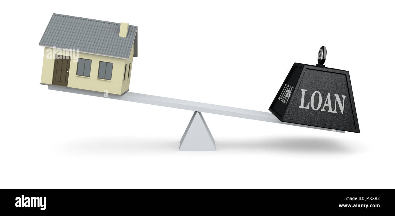 one balance with a home and a big weight (3d render Stock Photo - Alamy