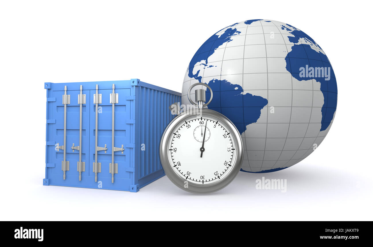 freight container with a stopwatch and a world globe (3d render Stock ...