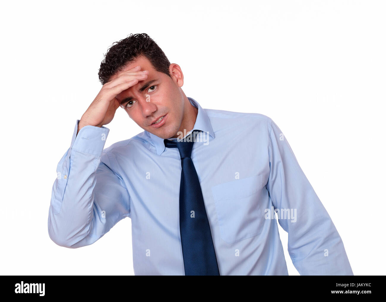 Portrait of a tired latin guy on blue shirt and tie with head pain ...