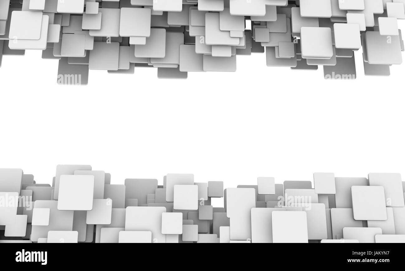 Border of 3d white cubes in different sizes in a scattered layers and a ...