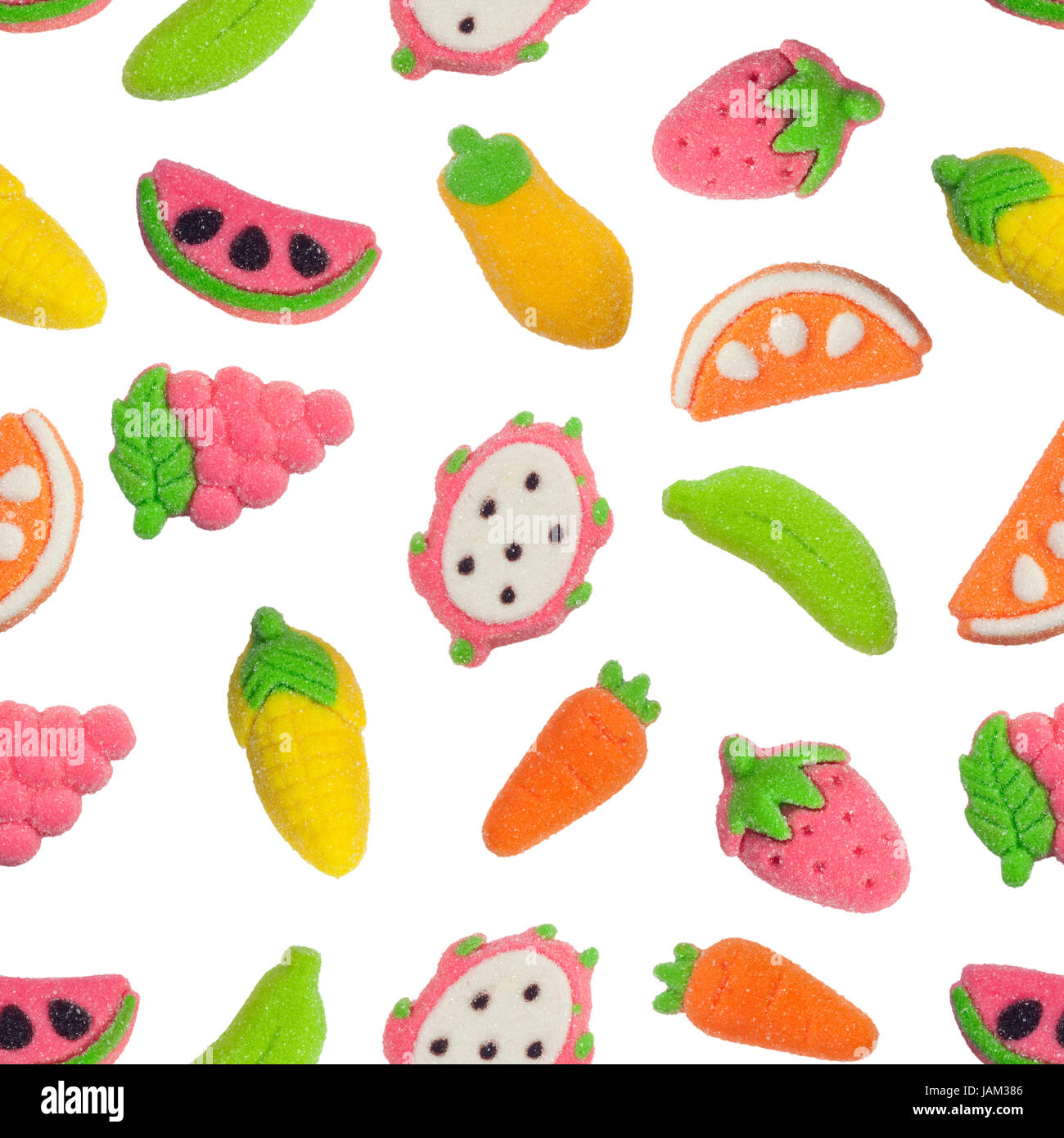 Seamless pattern of fruit and vegetable shaped gummy candy isolated on ...