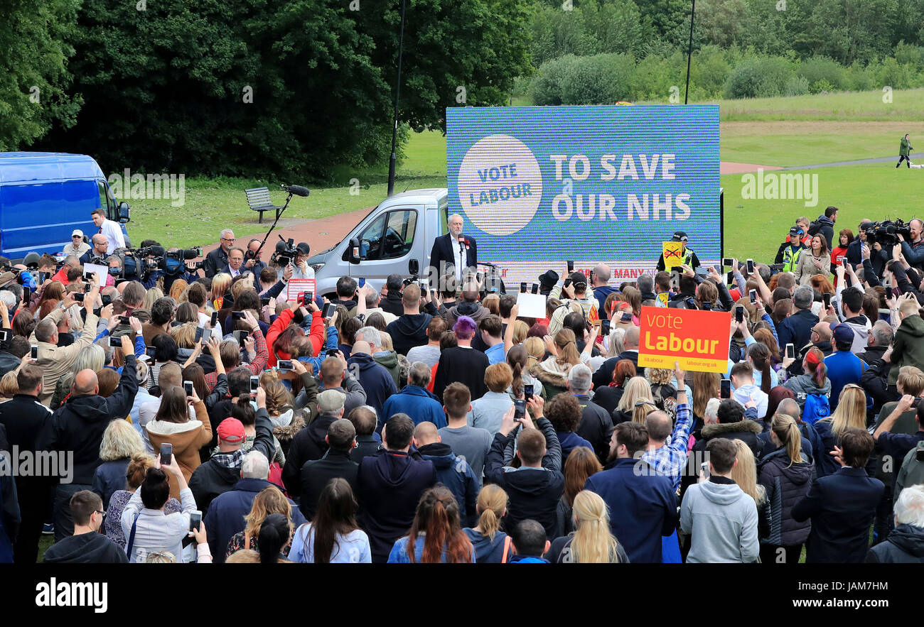 Labour leader Jeremy Corbyn speaking at an event in Phoenix Park ...