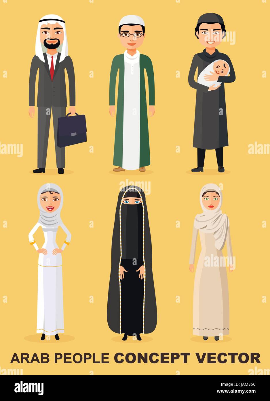 Family concept. Set of cartoon different arab people in flat style ...