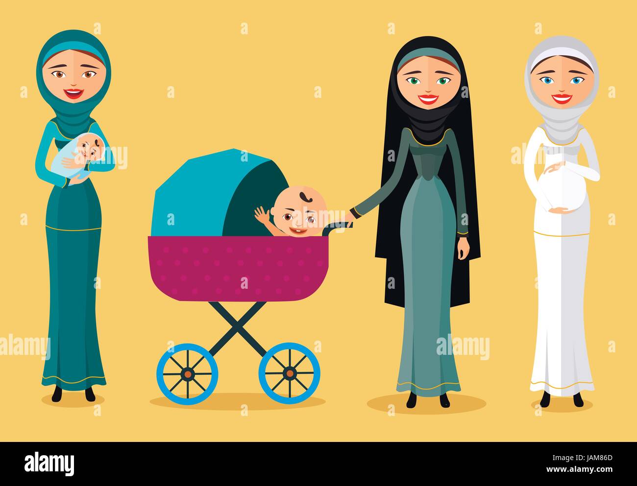 Happy Arab woman with a newborn baby in a flat stile. Mother with ...