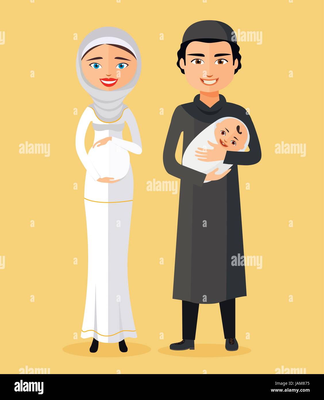 Muslim parents with a newborn baby happy flat cartoon vector ...