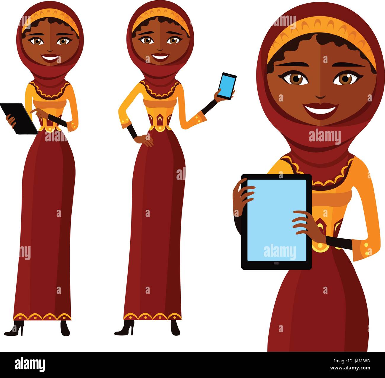 Happy arab woman character with tablet. Pleasantly smiling muslim ...