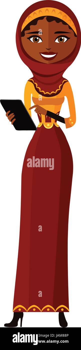 Arab muslim saudi woman character using tablet vector illustration ...