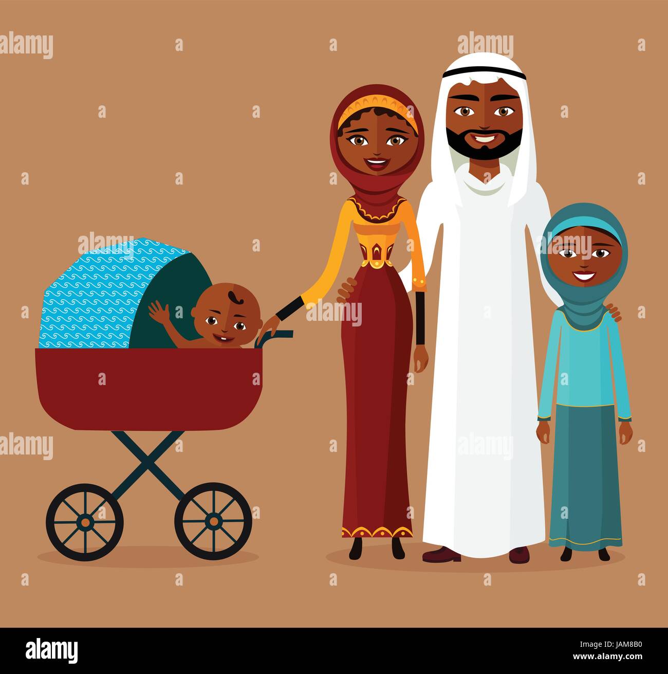Arab couple with a stroller. Happy Muslim family with newborn baby. Mom ...