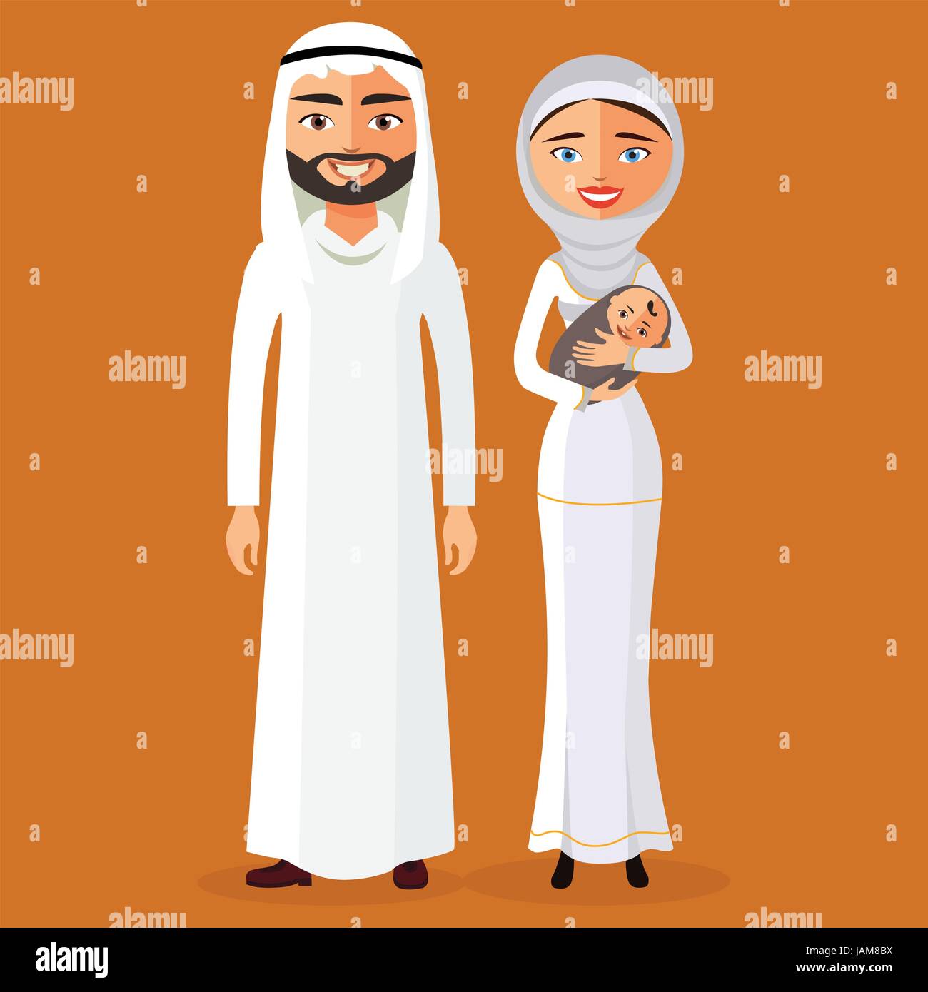 Arab couple with a newborn baby happy. Vector illustration ...