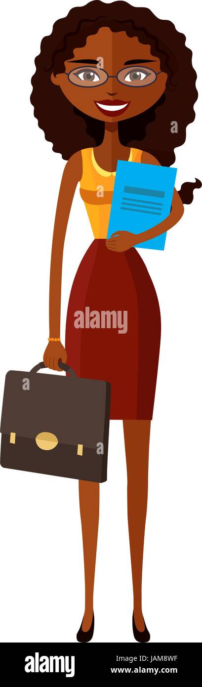 African banker or worker lady with glasses and briefcase flat cartoon ...