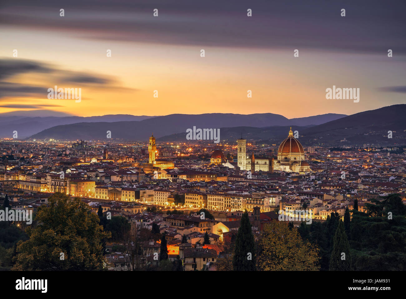 Florence or Firenze sunset aerial cityscape. Palazzo Vecchio and Duomo ...