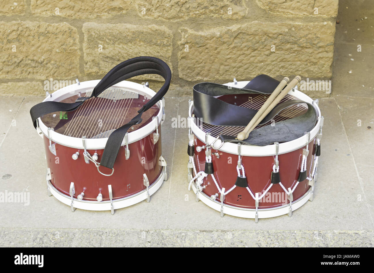 Red Metallic drums with drumsticks in celebration and spectacle Stock ...
