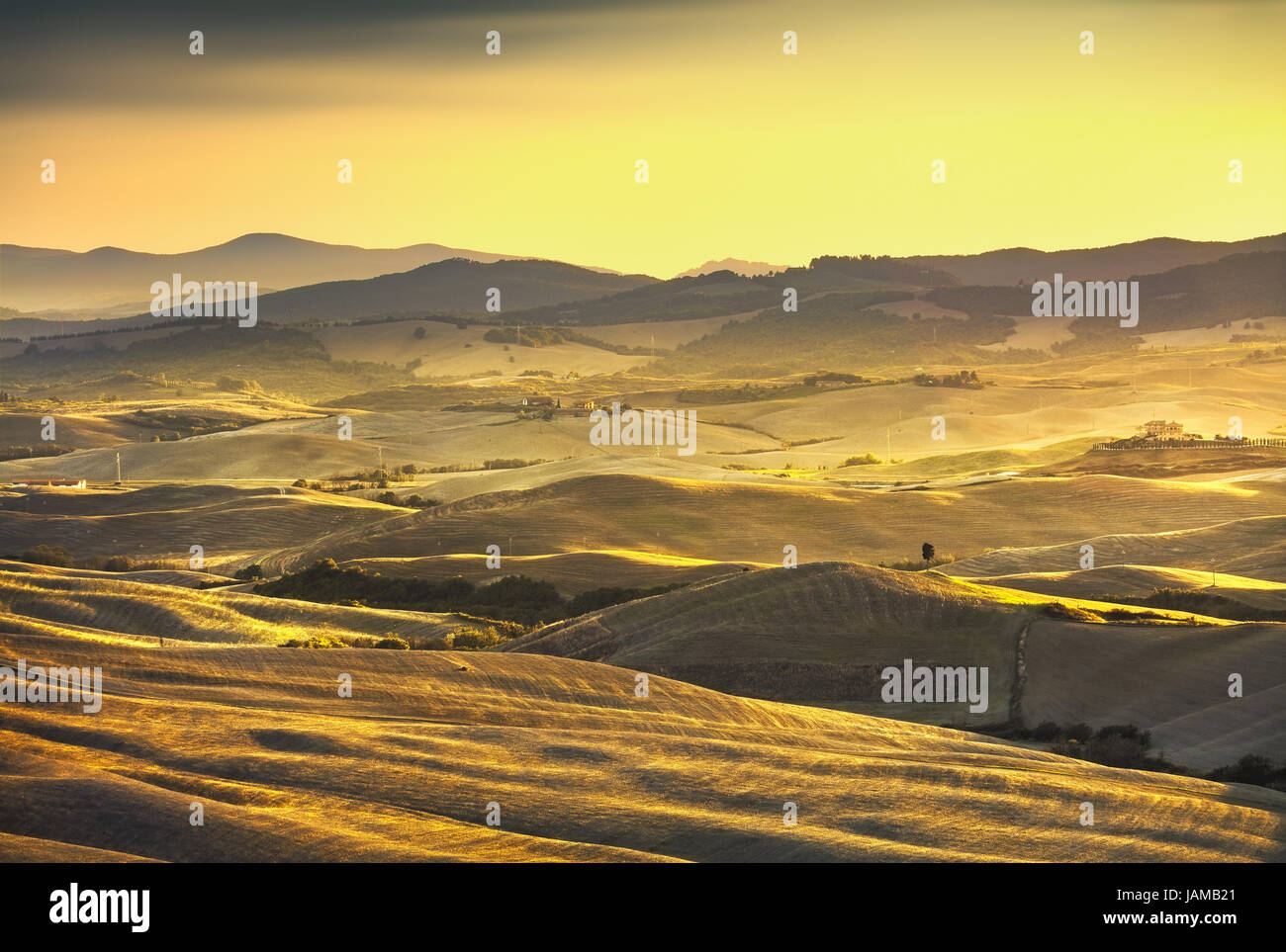 Volterra panorama, rolling hills and green fields on sunset. Rural ...