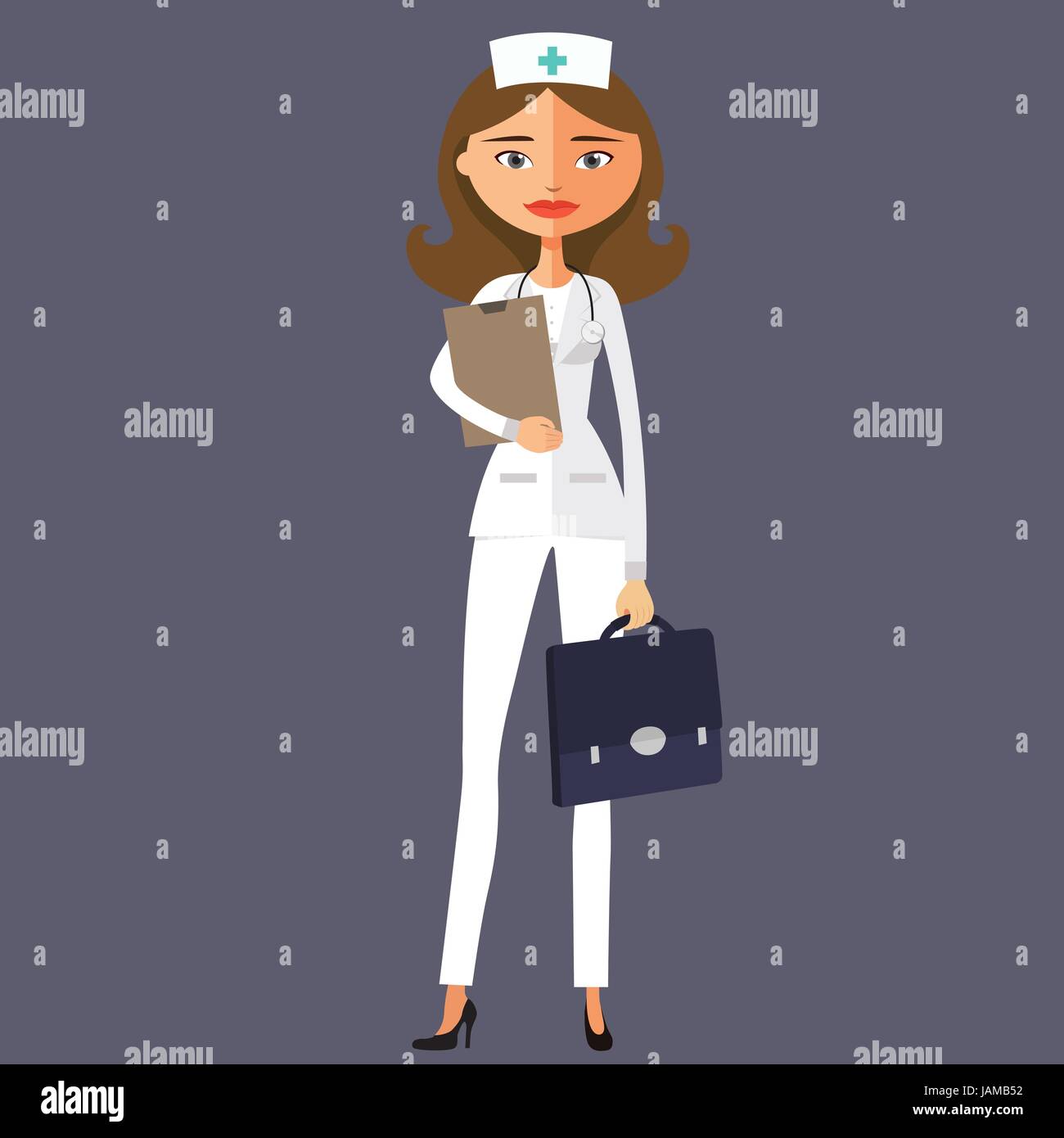 Smiling female doctor with papers flat cartoon vector illustration ...