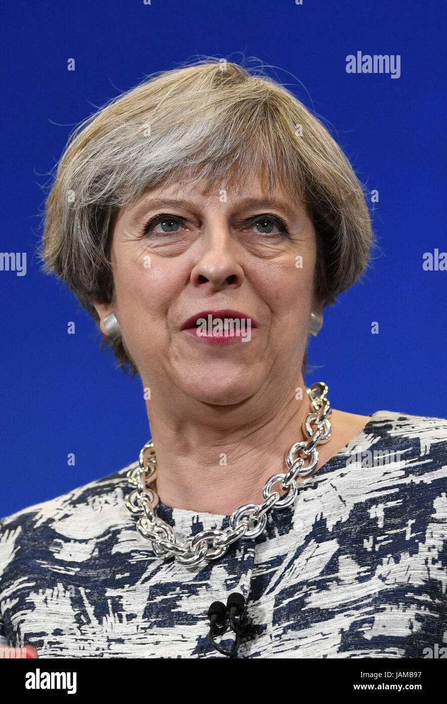 Prime Minister Theresa May speaking at an event at The Space in Norwich ...