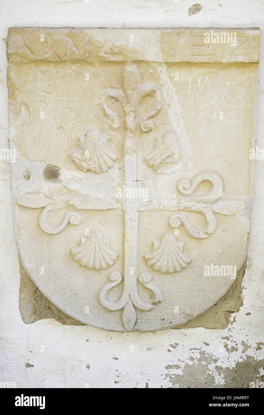 Shield with shells carved religious stone road to santiago Stock Photo ...