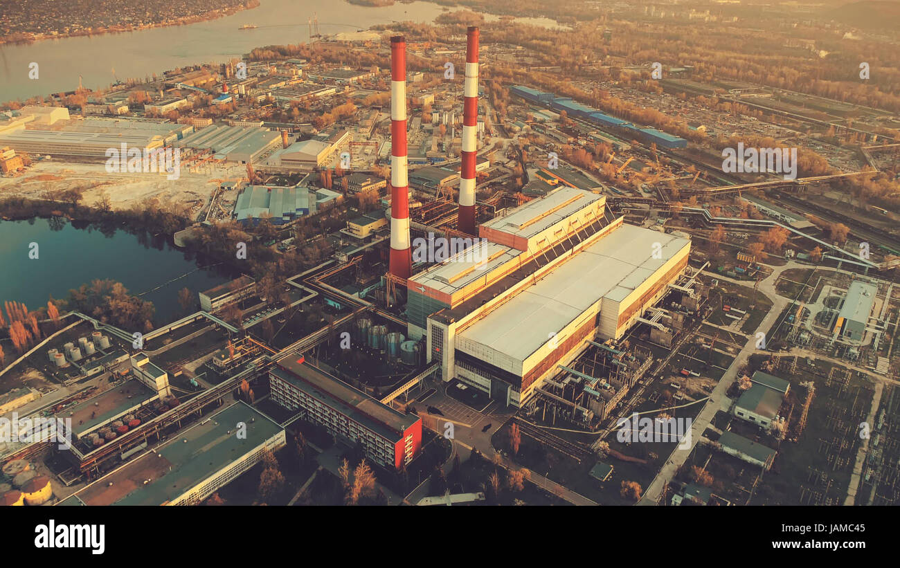 Aerial Drone Flight Photo of city main Power plant with two factory ...
